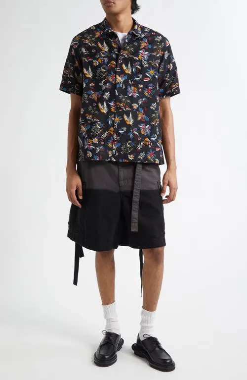 Sacai Tropical Print Camp Shirt In Black Tropical - 65% Off